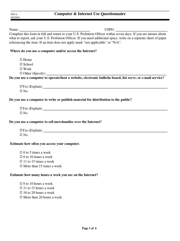 Computer and Internet Use Questionnaire | Email | Internet Service Provider