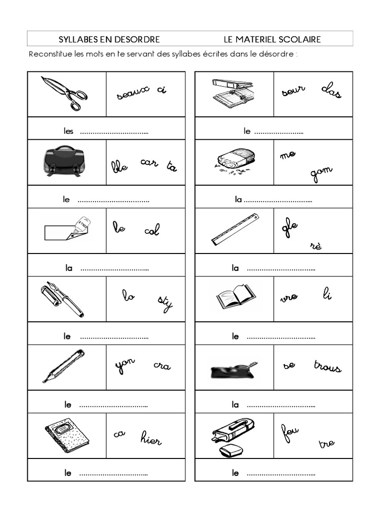 Exercices sur le matériel scolaire | PDF