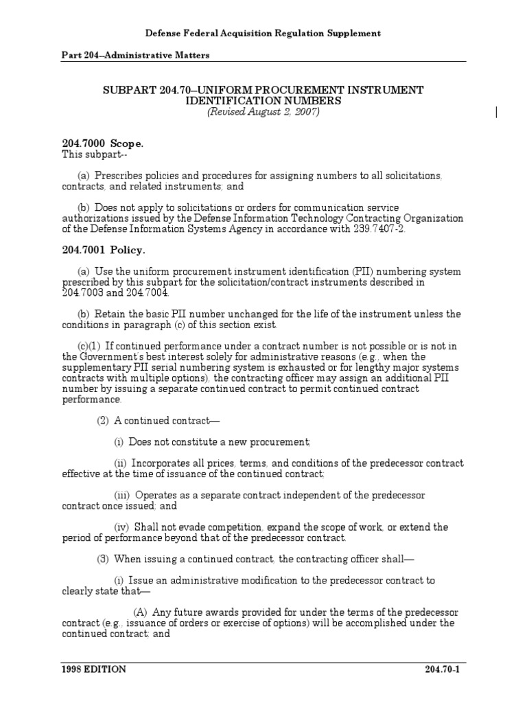 Subpart 204.70 - Uniform Procurement Instrument Identification Numbers ...