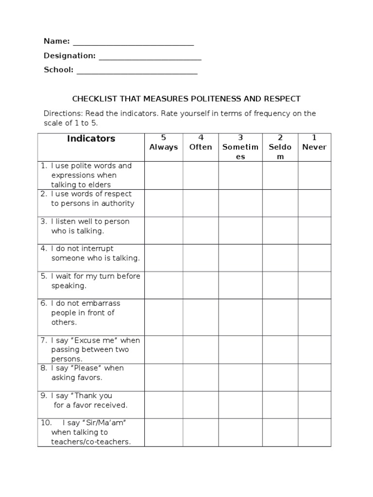 Checklist That Measures Politeness and Respect | PDF