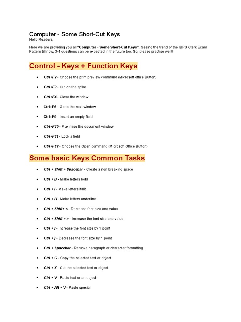 A Comprehensive Guide to Common Shortcut Keys for Microsoft Office ...