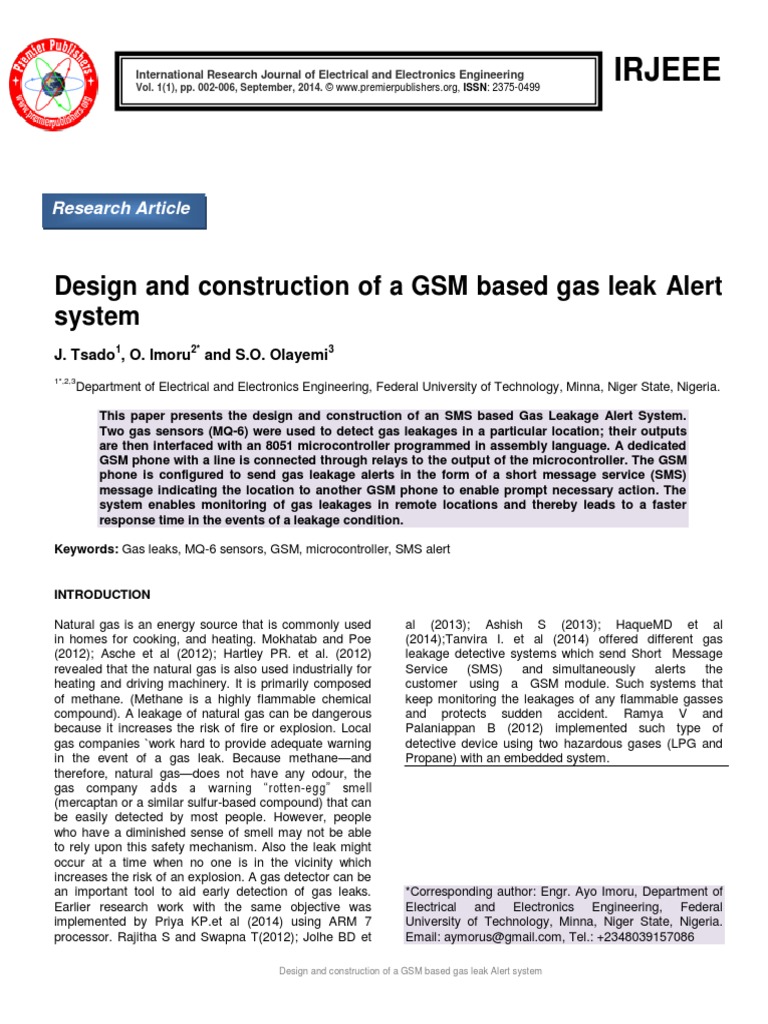 Design and Construction of A GSM Based Gas Leak Alert System | PDF | Rectifier | Sensor