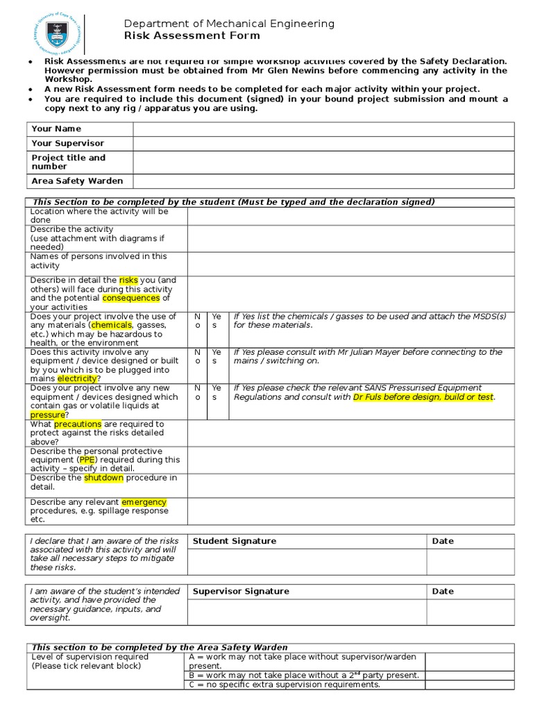 Mechanical Workshop Risk Assessment Form | PDF | Prevention | Safety