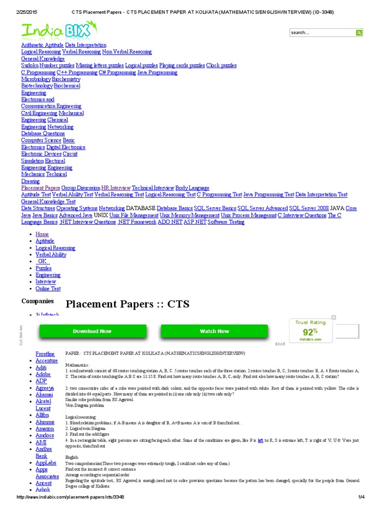 Placement Papers:: CTS: Database Java Unix | PDF | Engineering | Computer Programming