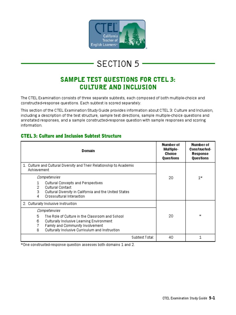 Section 5: Sample Test Questions For Ctel 3: Culture and Inclusion ...