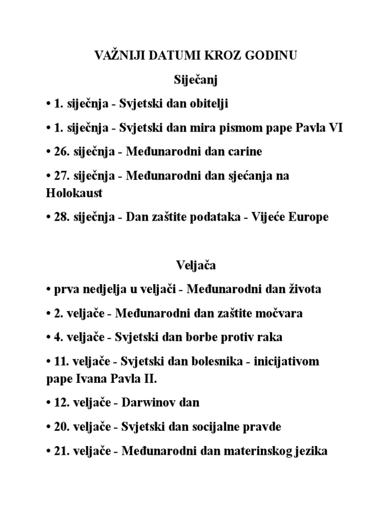 Važniji Datumi Kroz Godinu | PDF