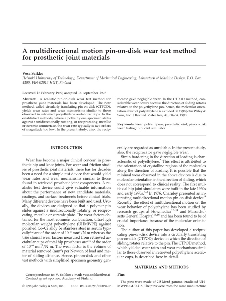 A Multidirectional Motion Pin-On-Disk Wear Test Method For Prosthetic ...