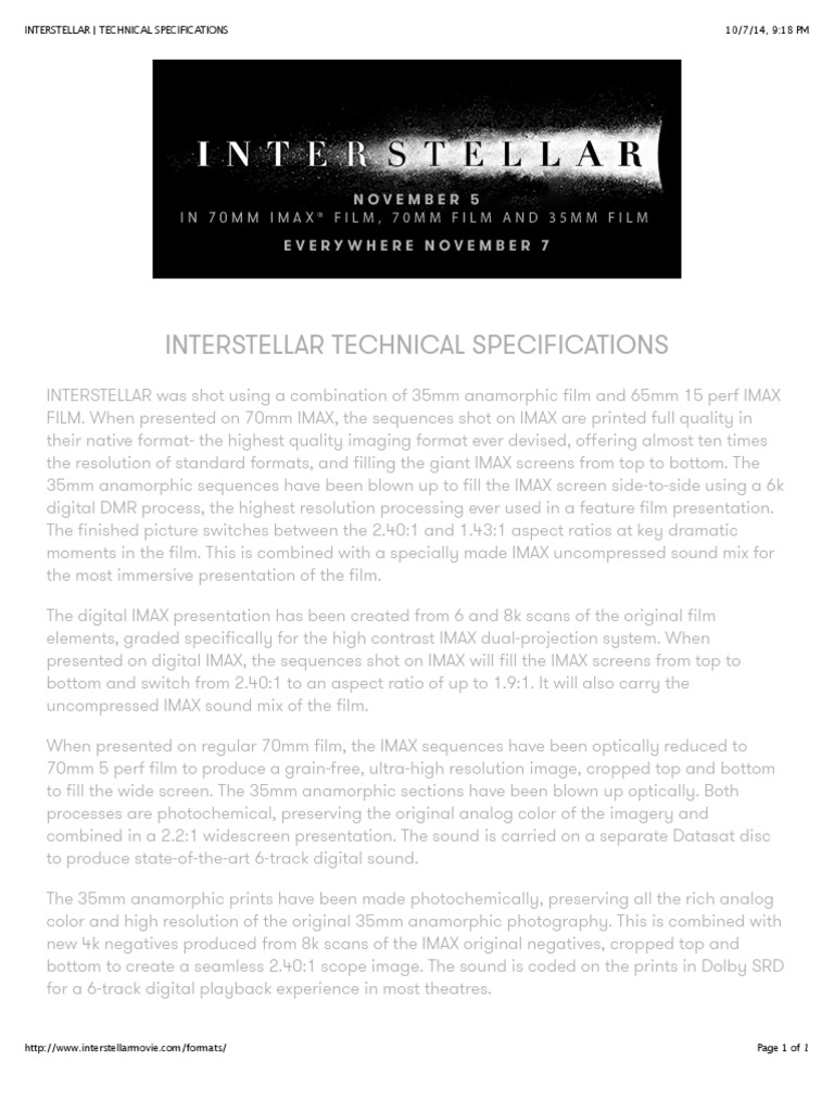 Interstellar Presentation Tech Specs | PDF | Storage Media | Film And Video Technology