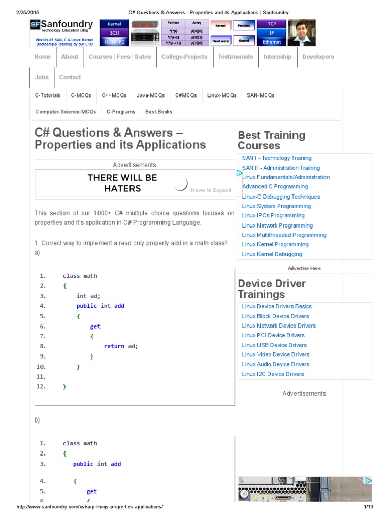 C# Questions & Answers - Properties and Its Applications - Sanfoundry1 ...