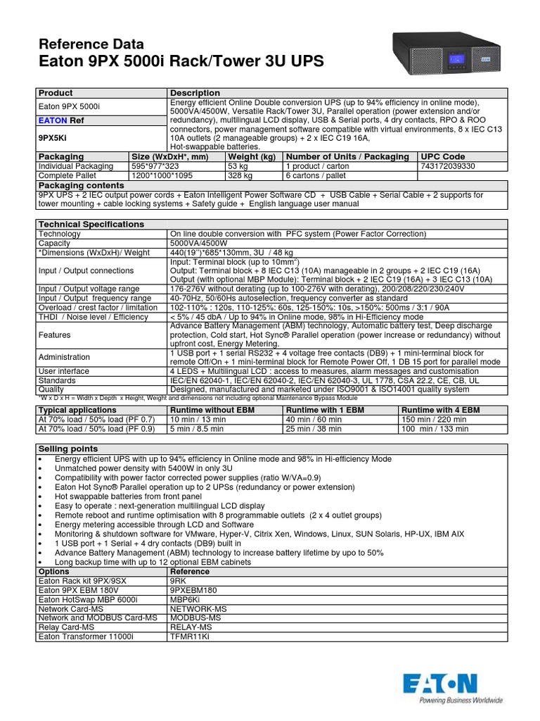 Eaton 9PX 5000i Rack/Tower 3U UPS: Reference Data | PDF | Usb ...