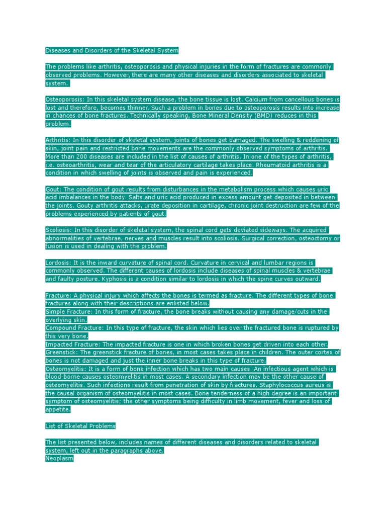 Diseases and Disorders of The Skeletal System | PDF | Arthritis ...