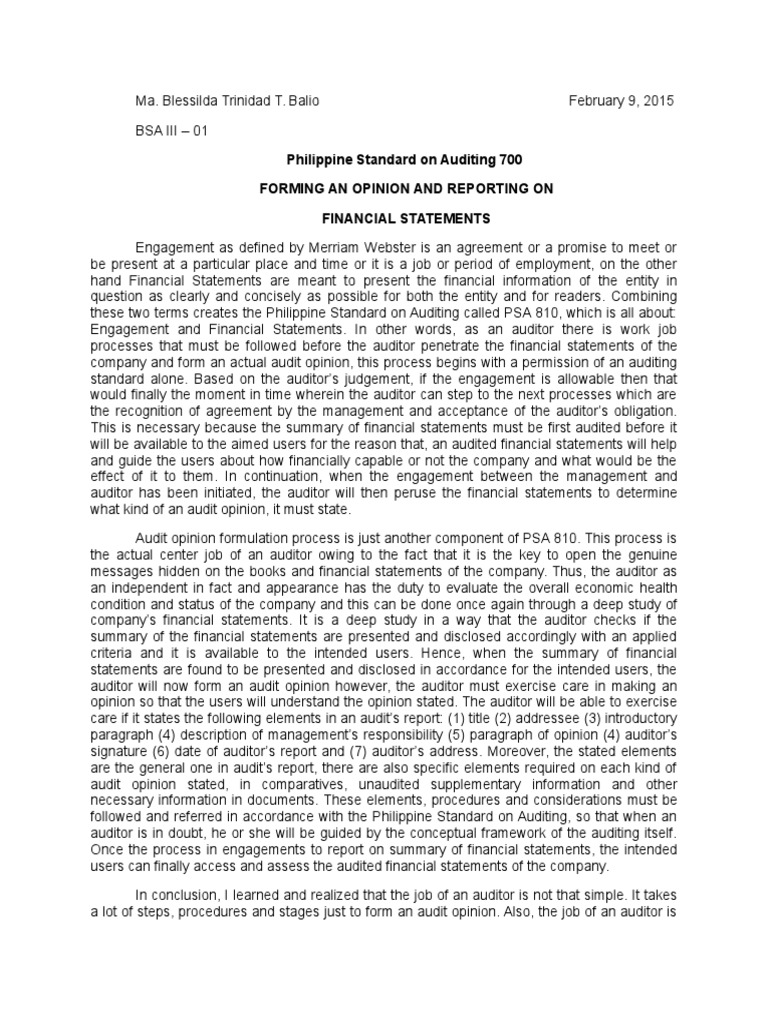 Philippine Standard On Auditing 700 Forming An Opinion and Reporting On Financial Statements ...