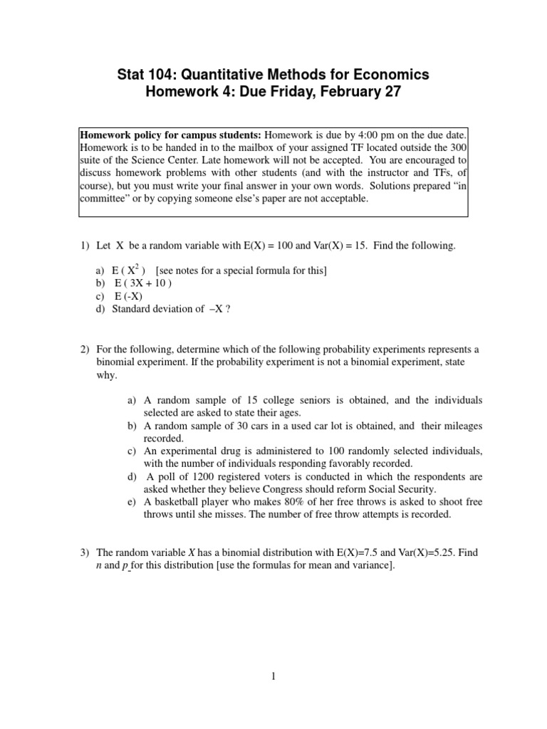 Stat104 Hw4 Spring2015 V2 | PDF | Variance | Probability Density Function