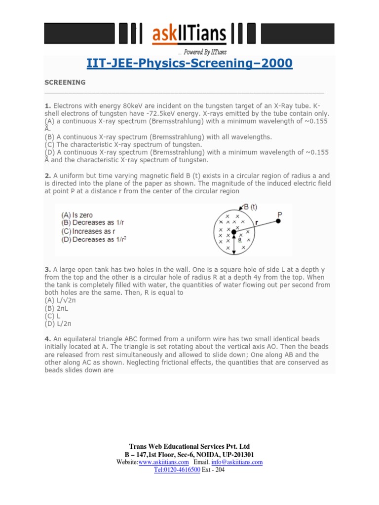IIT-JEE Physics Screening 2000 | PDF | Inductor | Electron