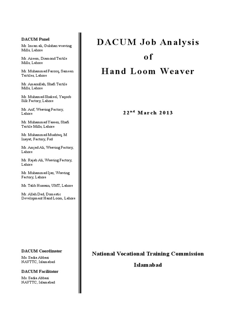 DACUM Chart On Hand Loom Weaving | PDF | Weaving | Loom