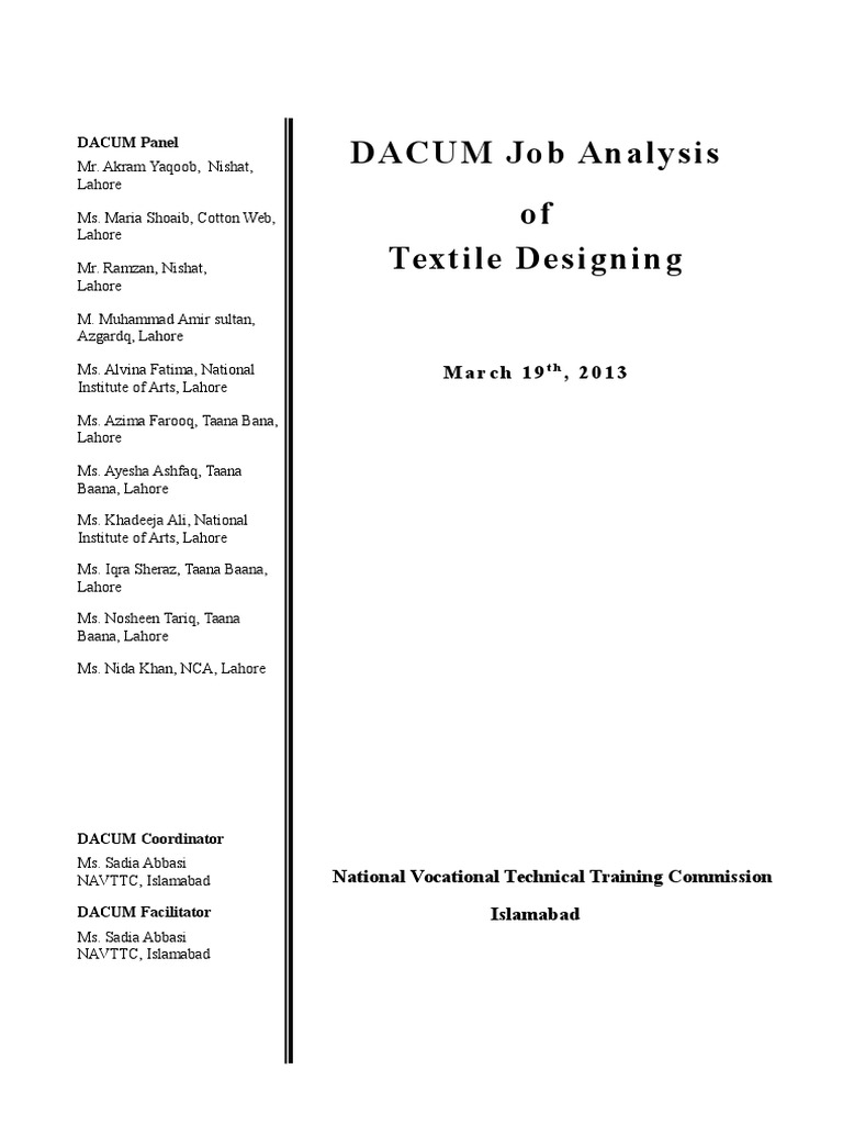 DACUM Chart on TextileDesigning | Textiles | Crafts