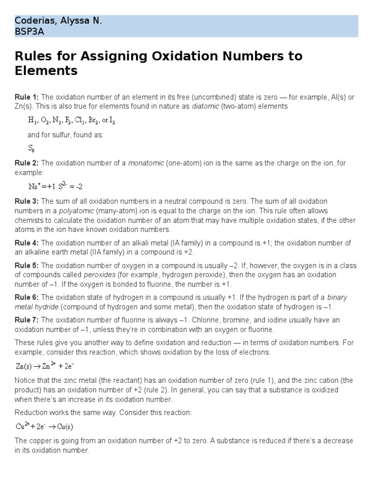 Rules For Assigning Oxidation Numbers To Elements | PDF | Redox ...