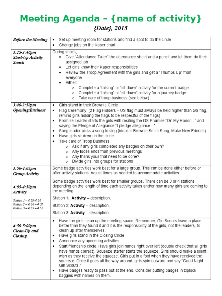 Girl Scout General Meeting Agenda