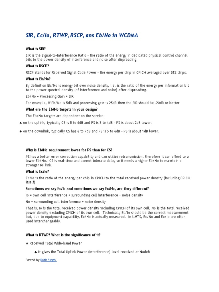 SIR, Ec/Io, RTWP, RSCP, Ans Eb/No in WCDMA: Ruth Singh | PDF ...