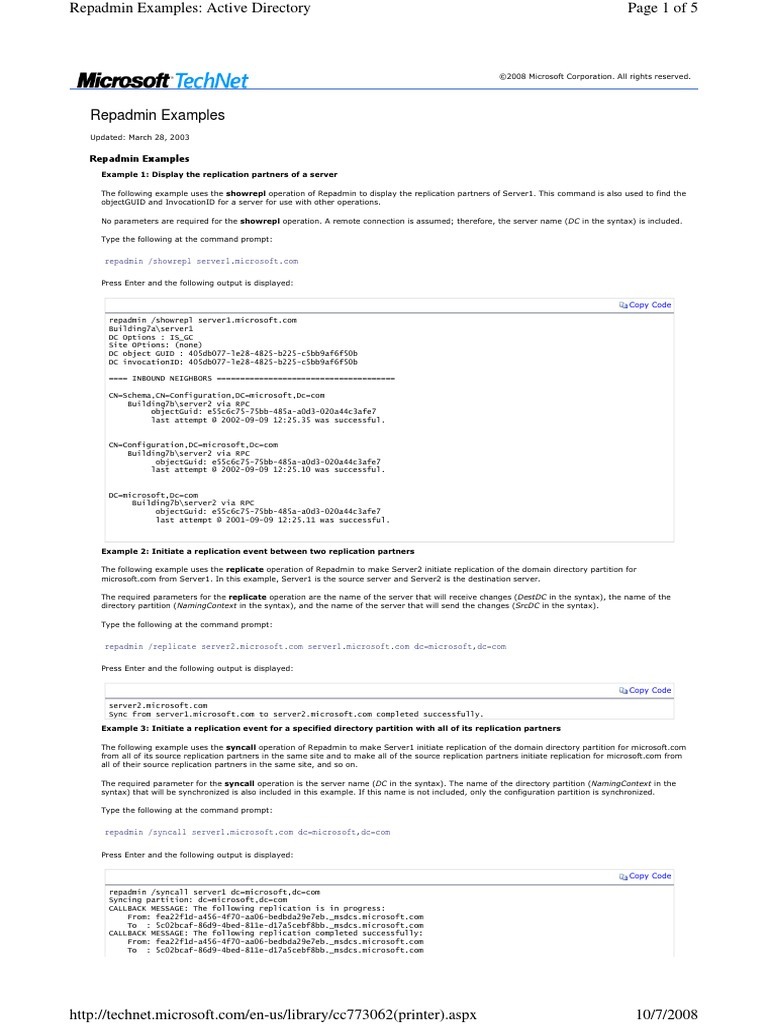 RepAdmin Examples | PDF | Active Directory | Replication (Computing)