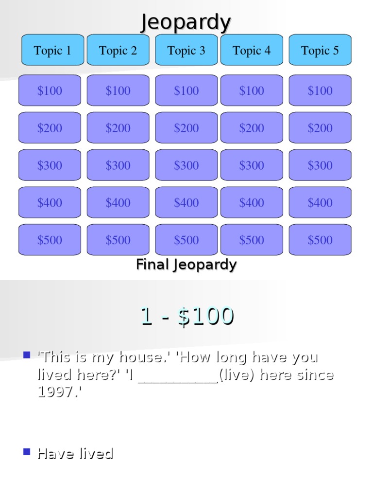 Jeopardy Grammar Quiz Questions | PDF | Language Arts & Discipline