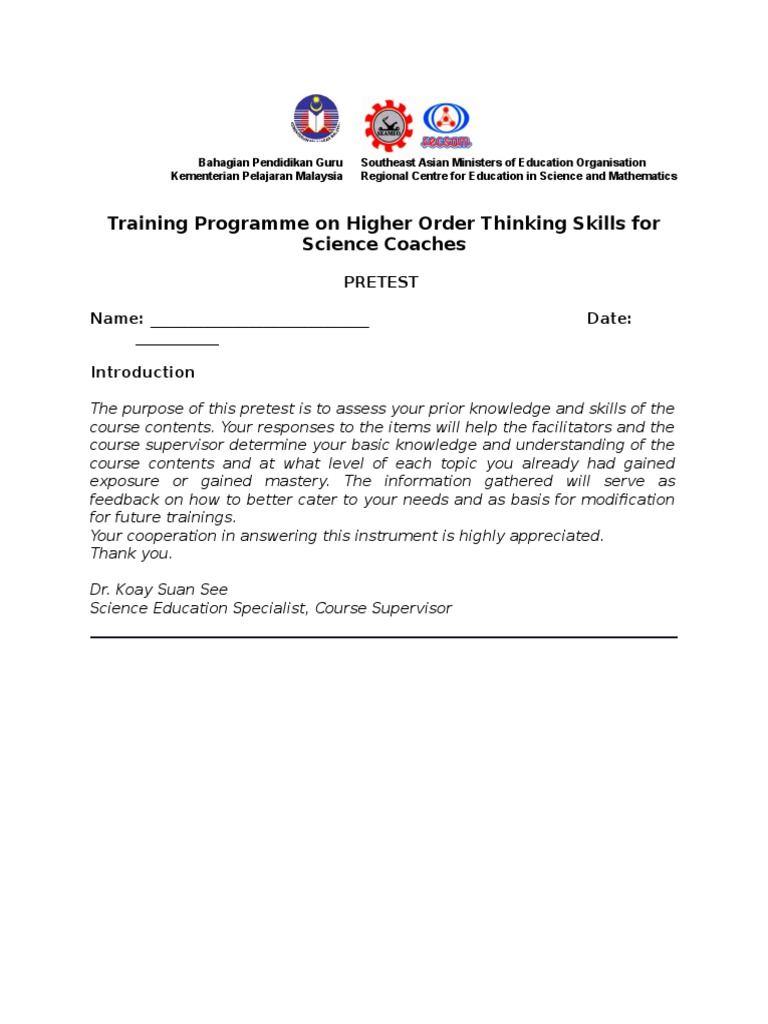 Assessing Prior Knowledge and Understanding: A Pre-Test for a Training ...