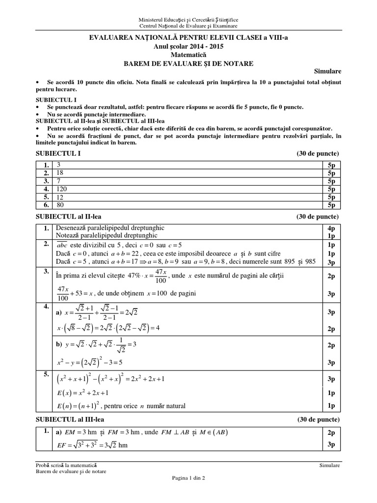 En Matematica 2015 Bar Simulare LRO | PDF