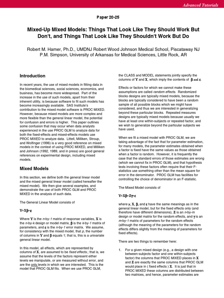 Mixed Models Understanding When To Use Proc Glm Vs Proc Mixed And Examples Of Their