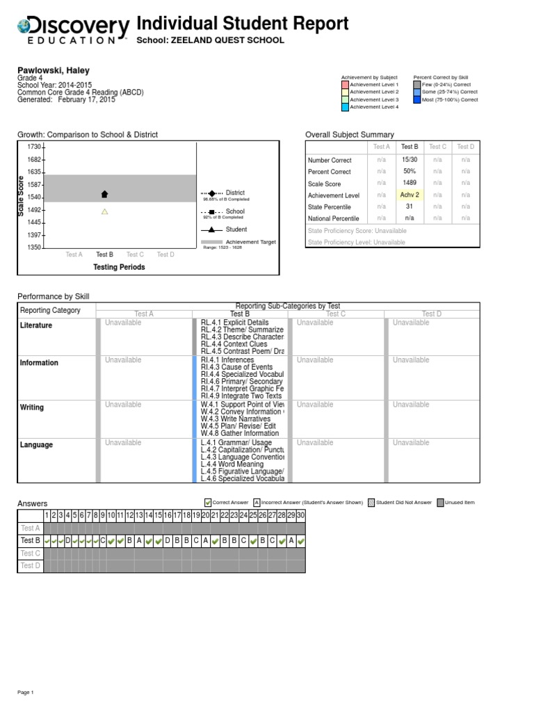 Grade 4 Reading Assessment Report | PDF