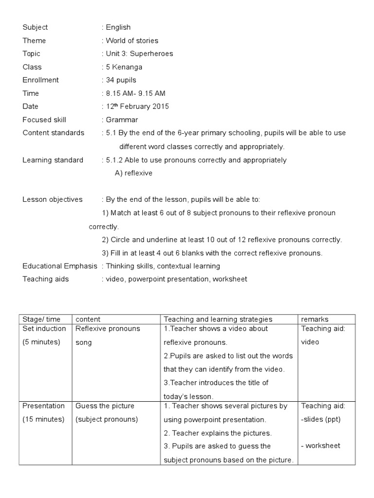 Grade 5 Reflexive Pronouns Lesson Plan | PDF | Lesson Plan | Teachers