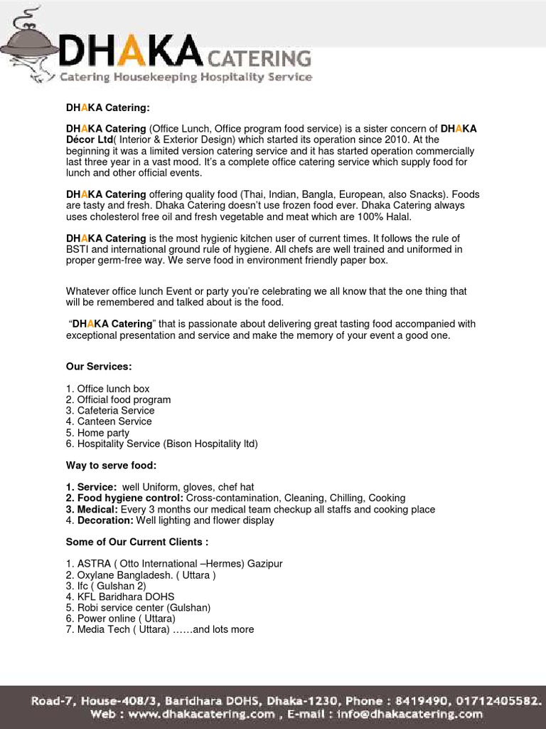 DHAKA Catering Company Profile With Example Menu | PDF | Curry | Foods