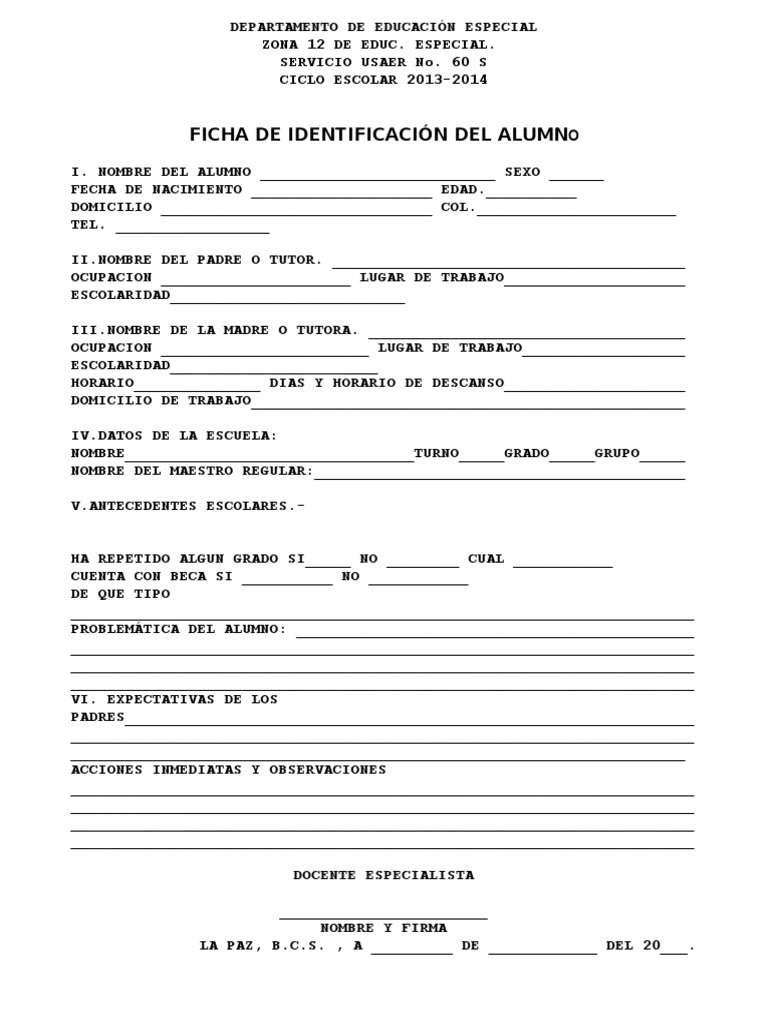 Ficha de Identificación Del Alumno | PDF