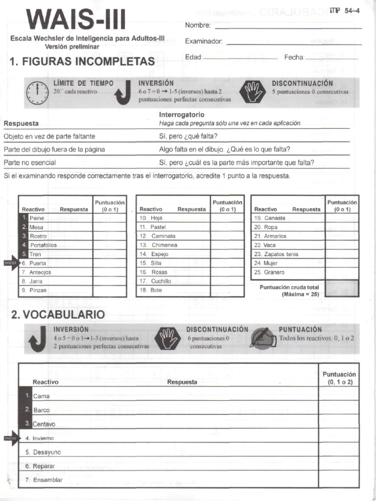 Protocolo Wais Iii PDF | PDF | Escala de inteligencia para adultos de Wechsler