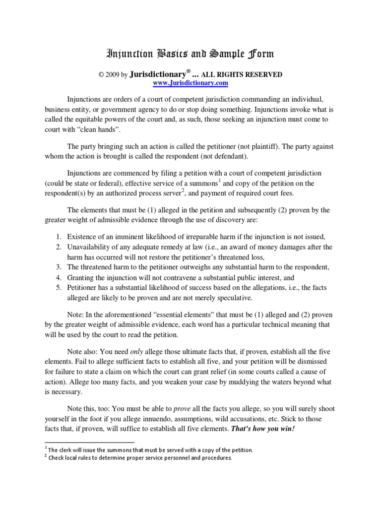 Injunction Basics and Sample Form | PDF | Injunction | Pleading