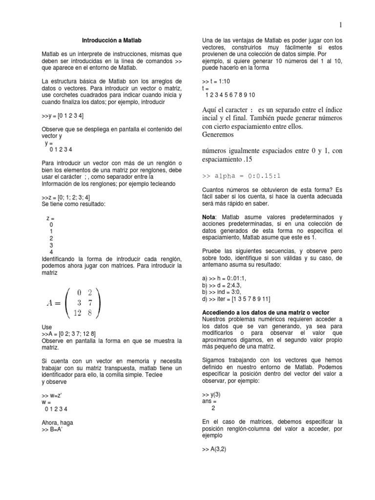 Manejo de Vectores y Matrices en Matlab | PDF | Matriz (Matemáticas ...