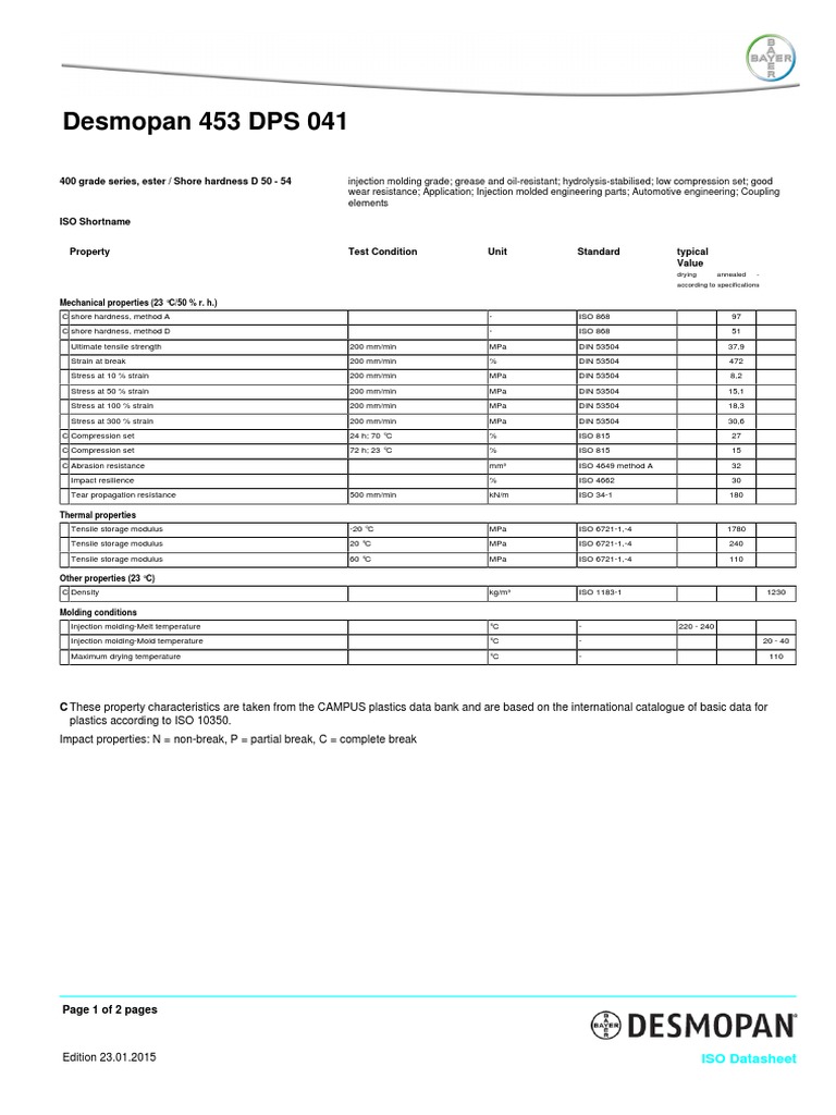 Desmopan 453 DPS 041 ISO | PDF | Ultimate Tensile Strength | Medical Device