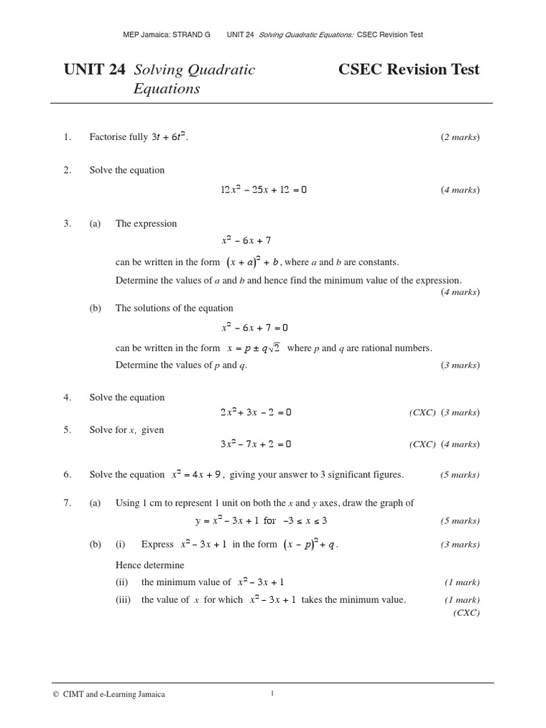 Equations: UNIT 24 Solving Quadratic CSEC Revision Test | PDF ...