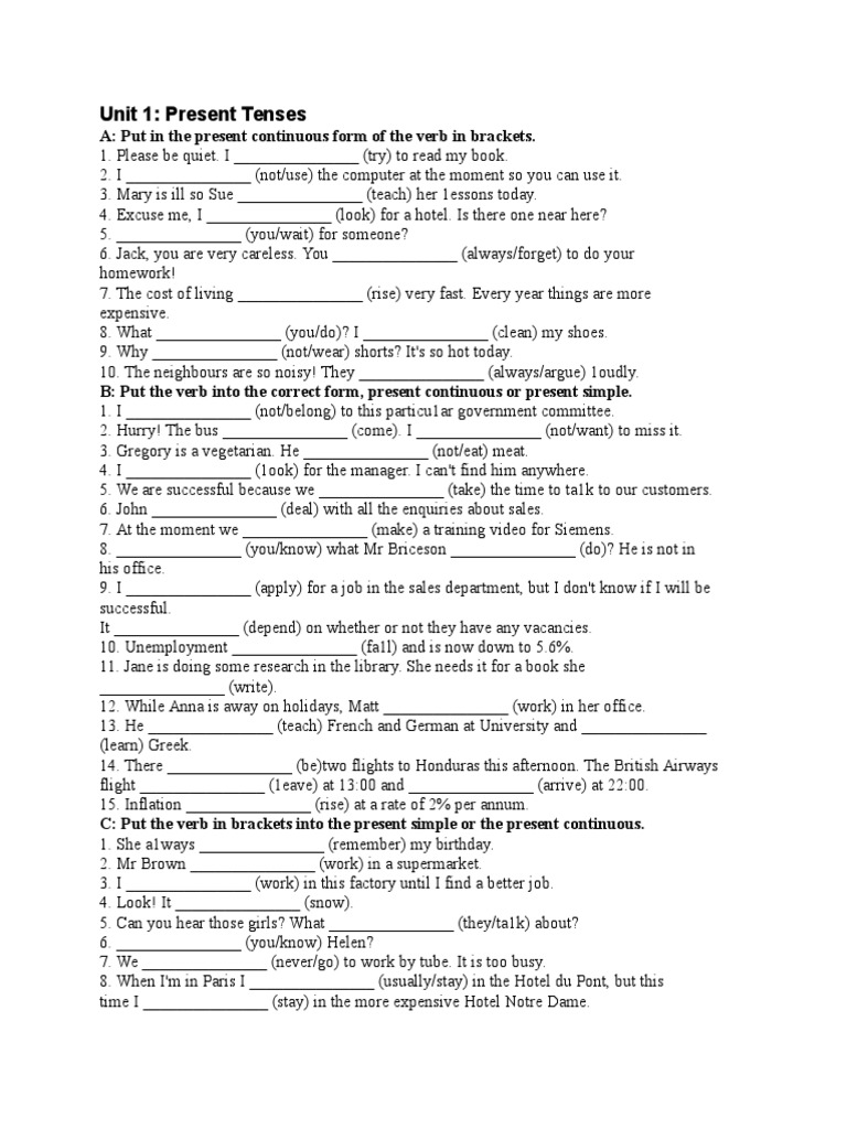 Unit 1: Present Tenses: A: Put in The Present Continuous Form of The ...