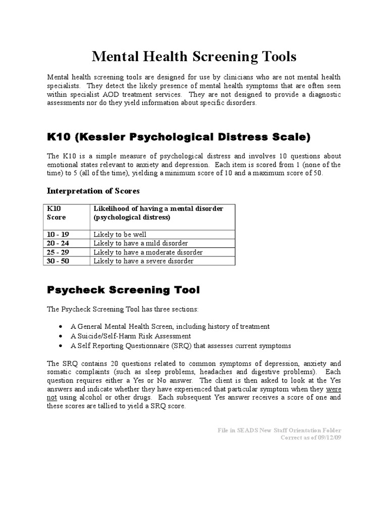 Mental Health Screening Tools | PDF | Mental Disorder | Major ...