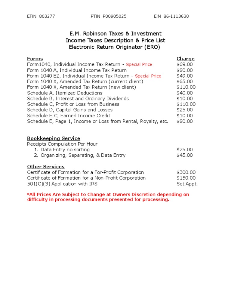 Tax Services Price List and Fees | PDF | Business | Law