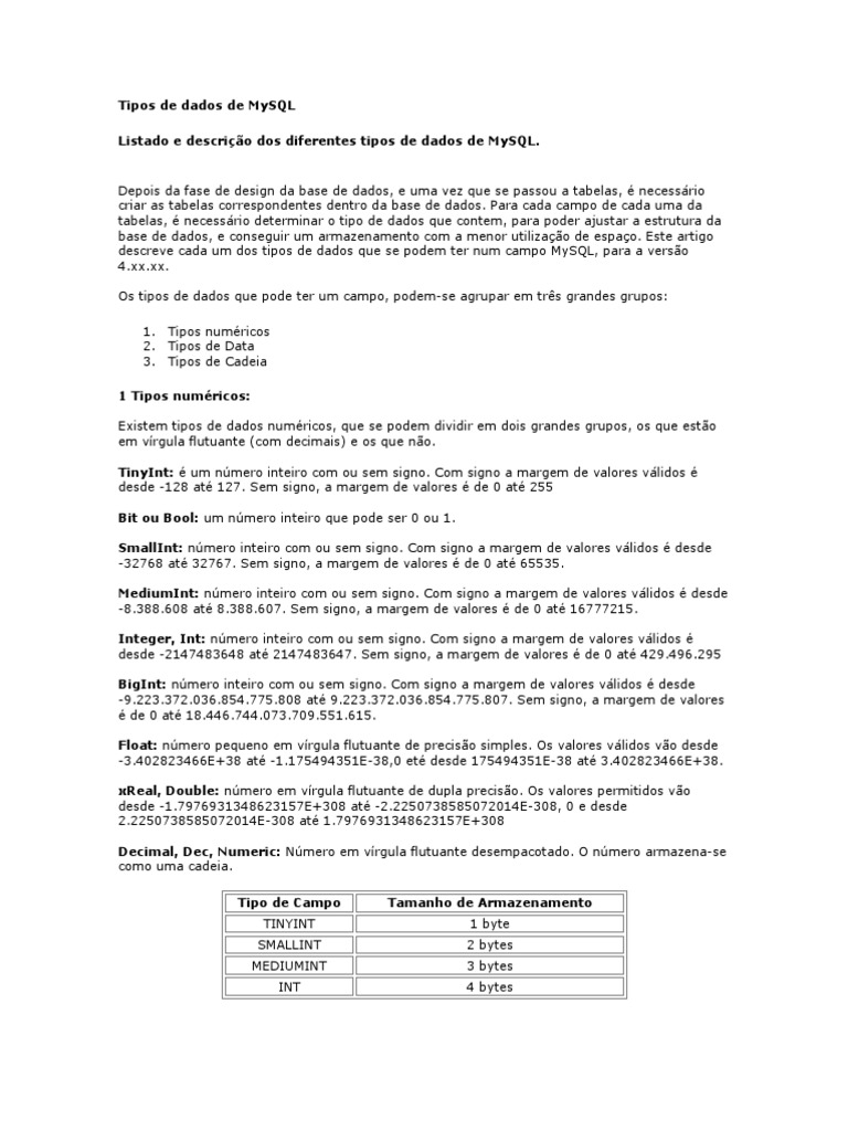 Tipos de Dados de MySQL | PDF | Byte | Dados