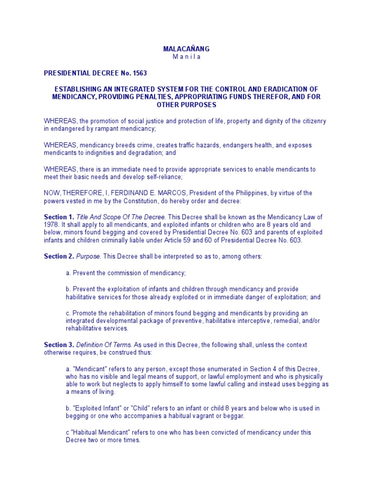 PD 1563 Mendicancy | PDF | Child Protective Services | Decree