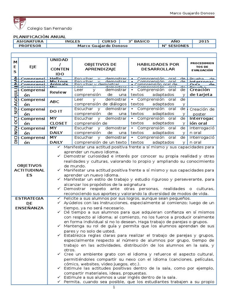 Ingles - Planificacion - 1 Basico | Comprensión lectora | Aprendizaje ...