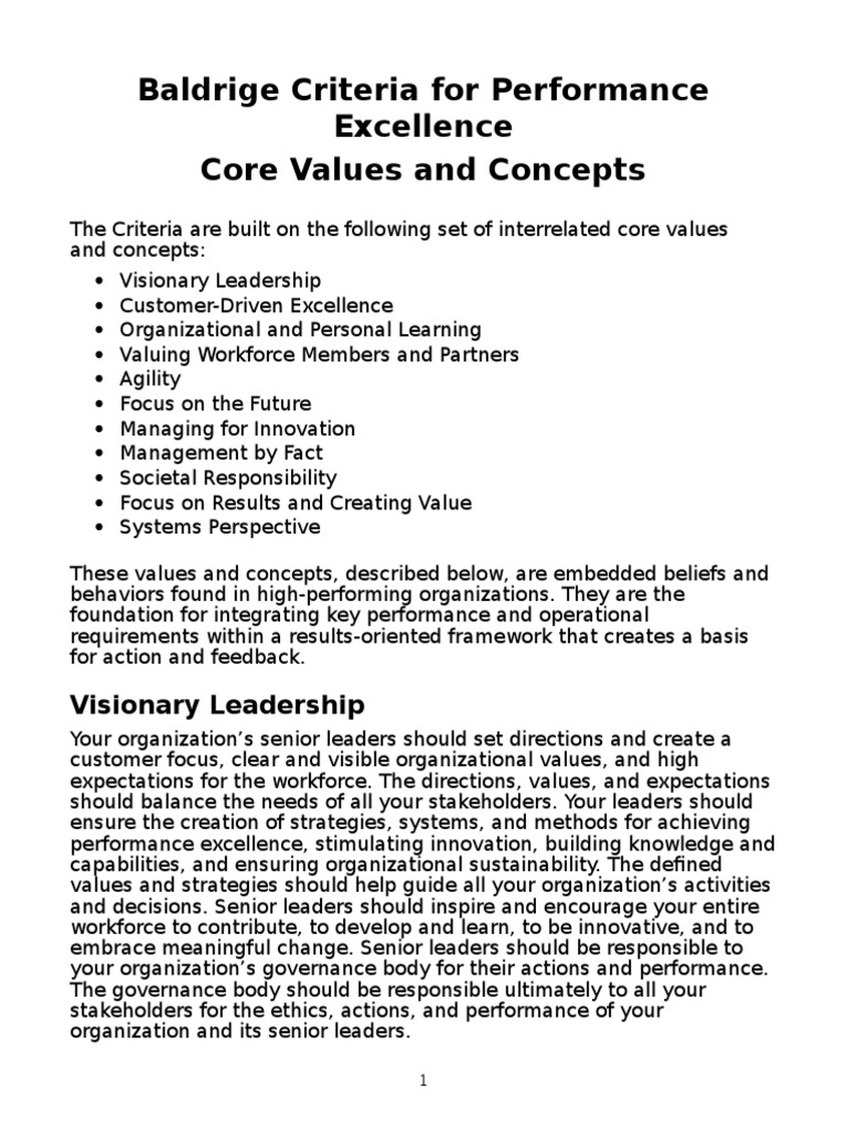 Baldrige Criteria Core Values | PDF | Innovation | Leadership