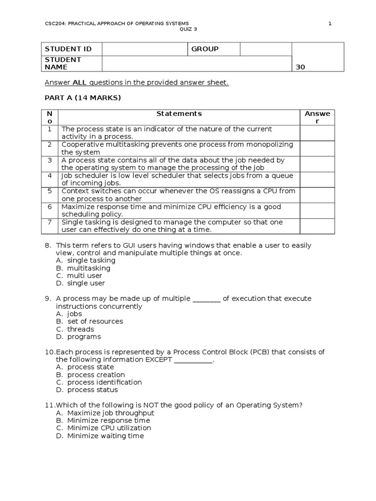 Quiz Operating System | PDF | Process (Computing) | Scheduling (Computing) Quiz Operating System | PDF | Process (Computing) | Scheduling (Computing)