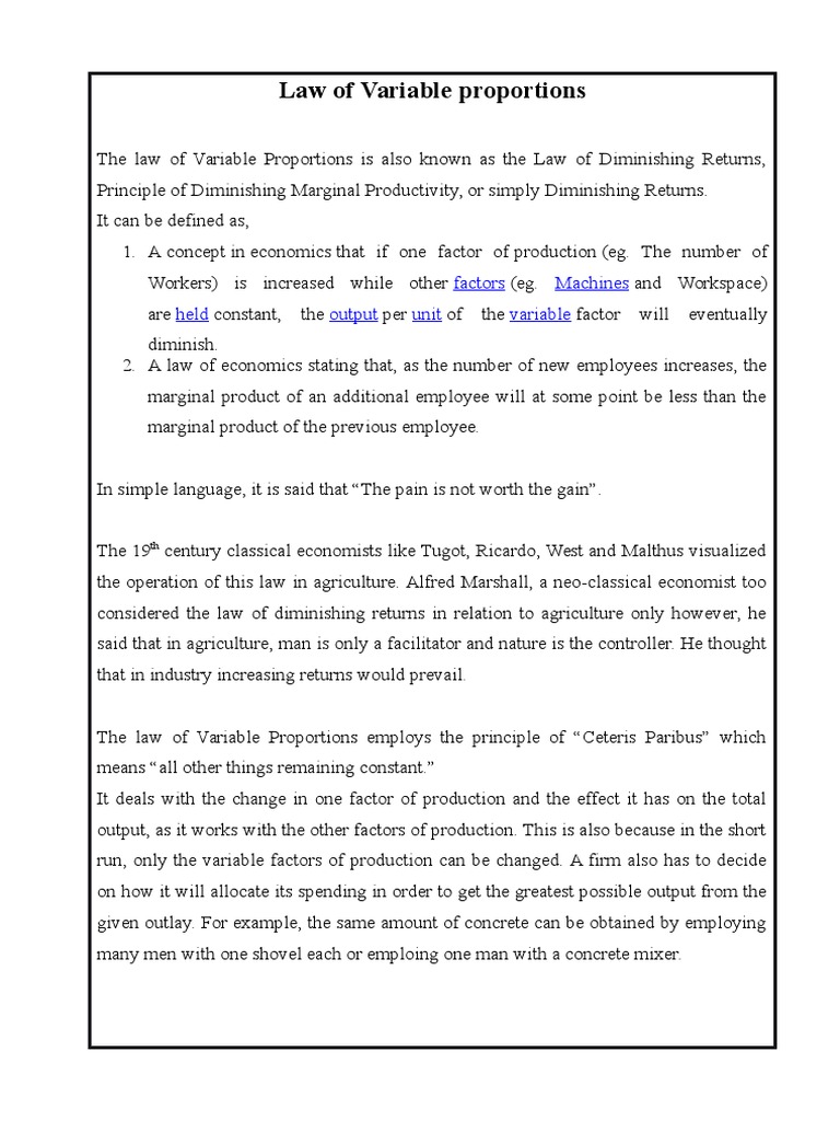 Law of Variable Proportions | PDF | Labour Economics | Economic Theories