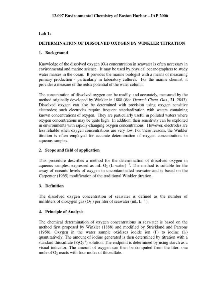 Determination of Dissolved Oxygen by Winkler Titrattion | PDF ...