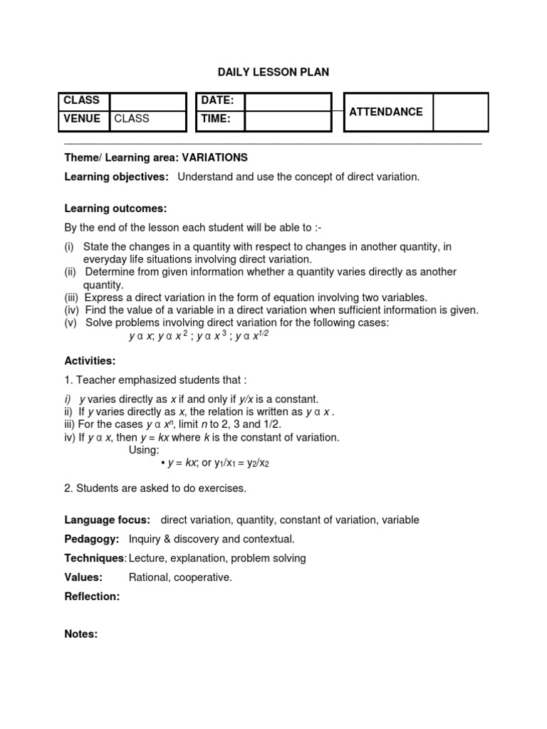 Variations | PDF | Lesson Plan | Variable (Mathematics)