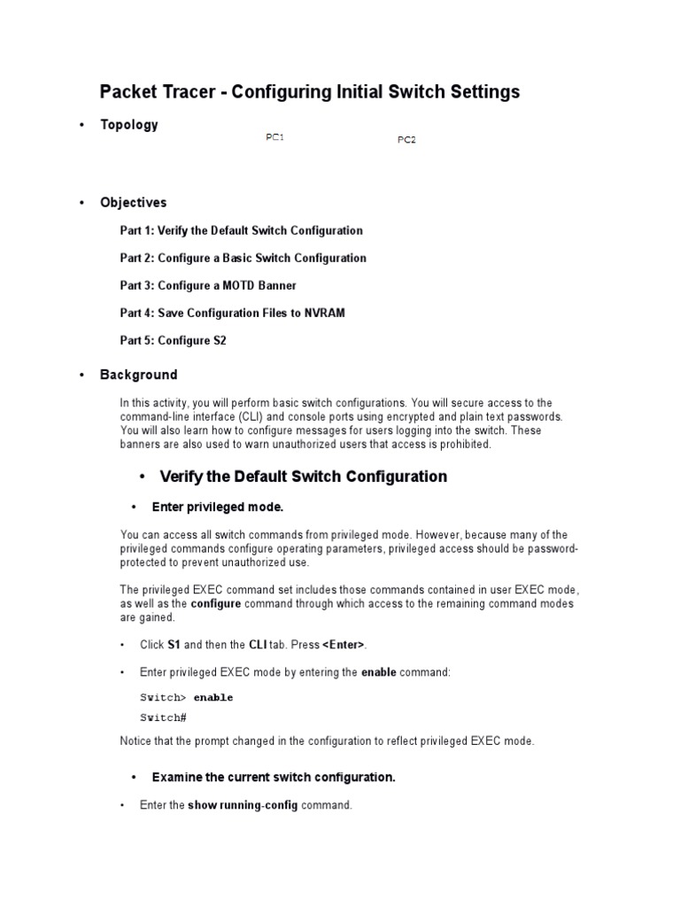 2.2.3.3 Packet Tracer - Configuring Initial Switch Settings | Download Free PDF | Command Line ...