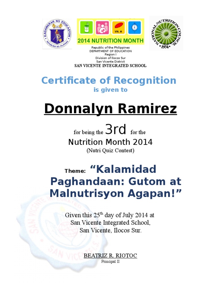 Certificate in Nutrition Month | PDF | Philippines | Further Education